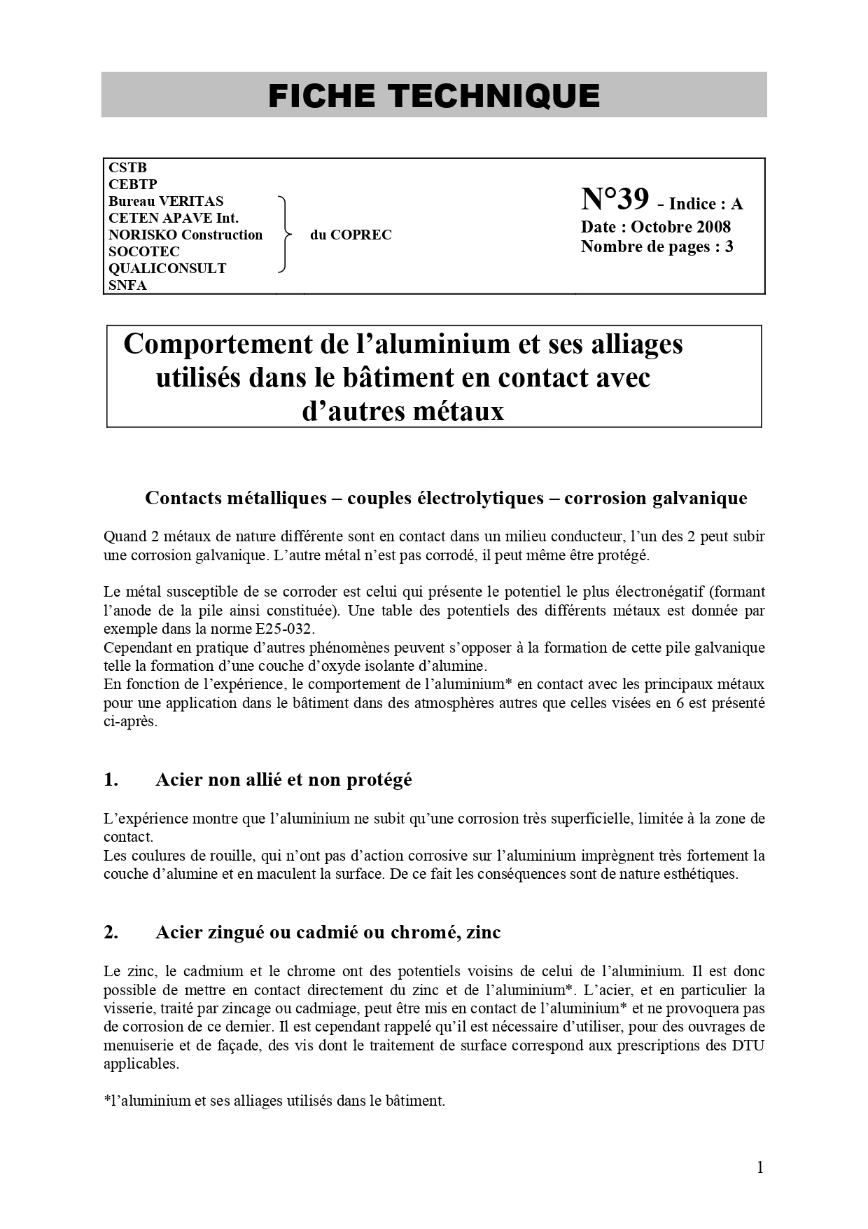 Fiche technique n°39 - A : Comportement de l’aluminium au contact d’autres métaux dans le ...
